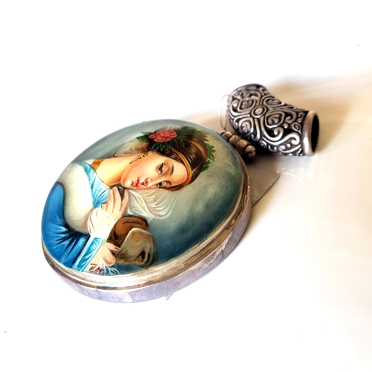 Buy Lady in Blue with Rose Hand Painted Fedoskino Miniature Pendant